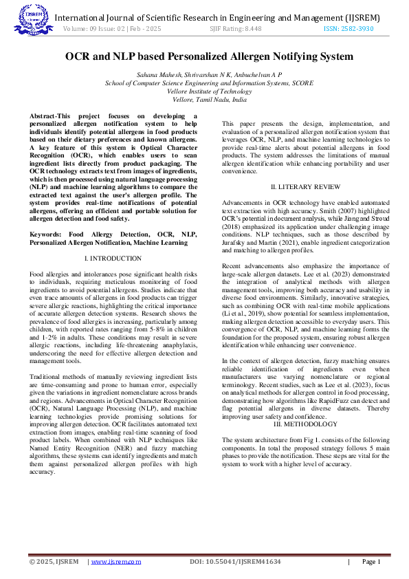 (PDF) OCR and NLP based Personalized Allergen Notifying System
