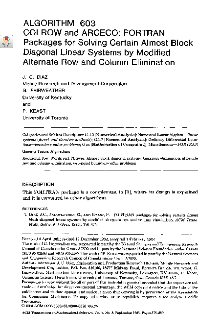 Algorithm 603 Colrow And Arceco Fortran Packages For Solving Certain Almost Block Diagonal