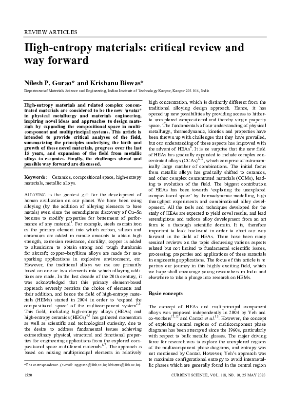 (PDF) High-Entropy Materials:Critical Review and Way Forward