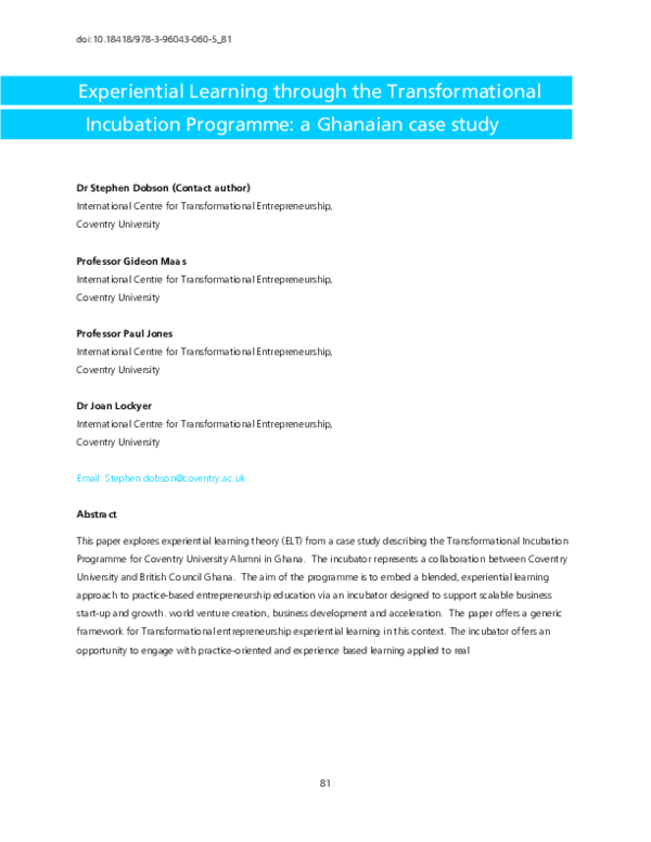 (PDF) Experiential Learning through the Transformational Incubation Programme: a Ghanaian case study