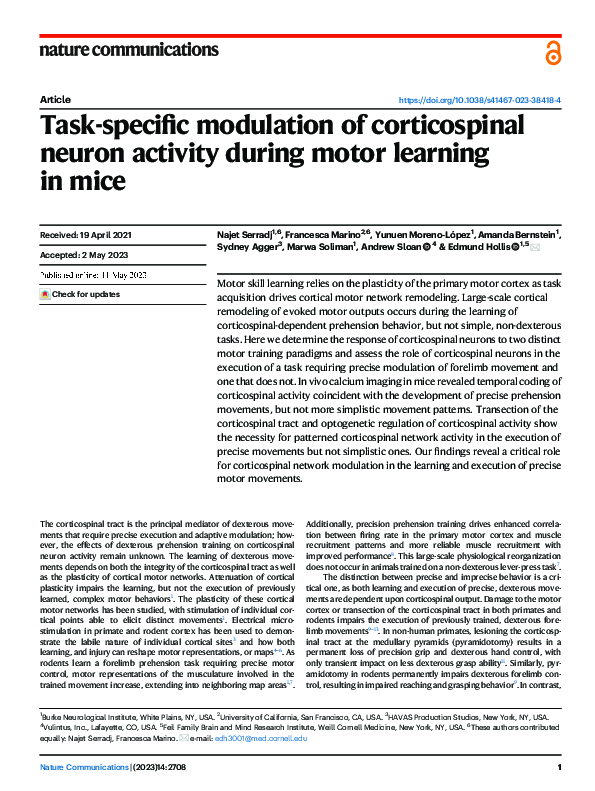(PDF) Task-specific modulation of corticospinal neuron activity during motor learning in mice