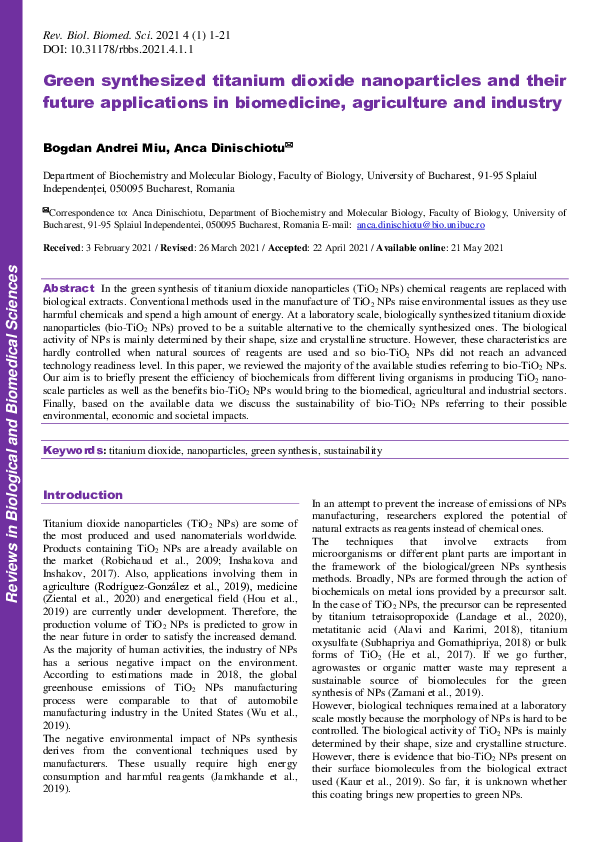 (PDF) Green synthesized titanium dioxide nanoparticles and their future applications in ...