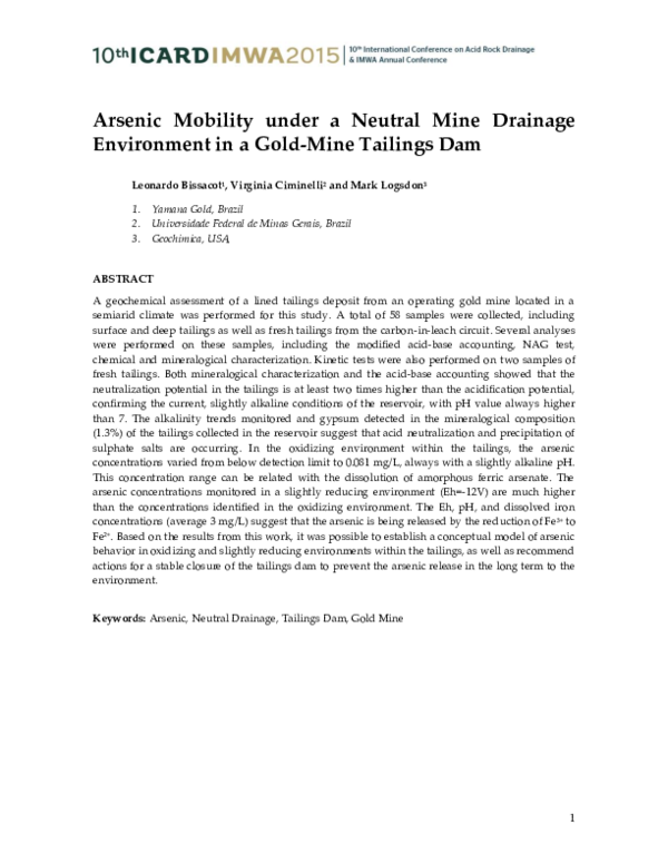 (PDF) Arsenic Mobility under a Neutral Mine Drainage Environment in a ...