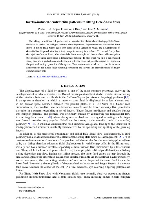 (PDF) Inertia-induced dendriticlike patterns in lifting Hele-Shaw flows