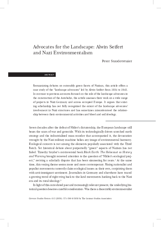 (PDF) Advocates for the Landscape: Alwin Seifert and Nazi Environmentalism