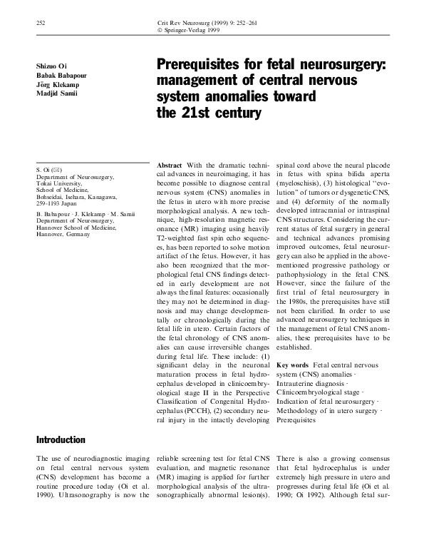 (PDF) Prerequisites for fetal neurosurgery: management of central ...