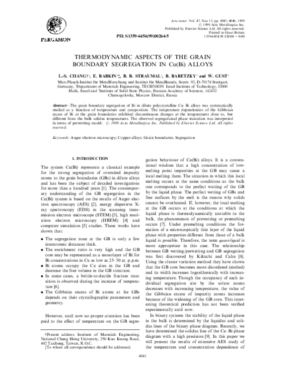(PDF) Thermodynamic aspects of the grain boundary segregation in Cu(Bi ...