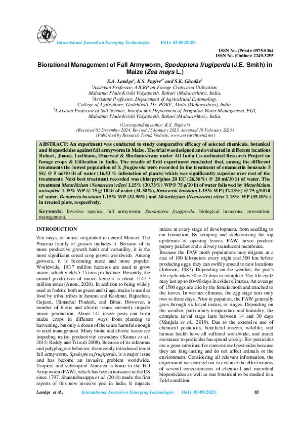 (PDF) Biorational Management of Fall Armyworm, Spodoptera frugiperda (J.E. Smith) in Maize (Zea ...