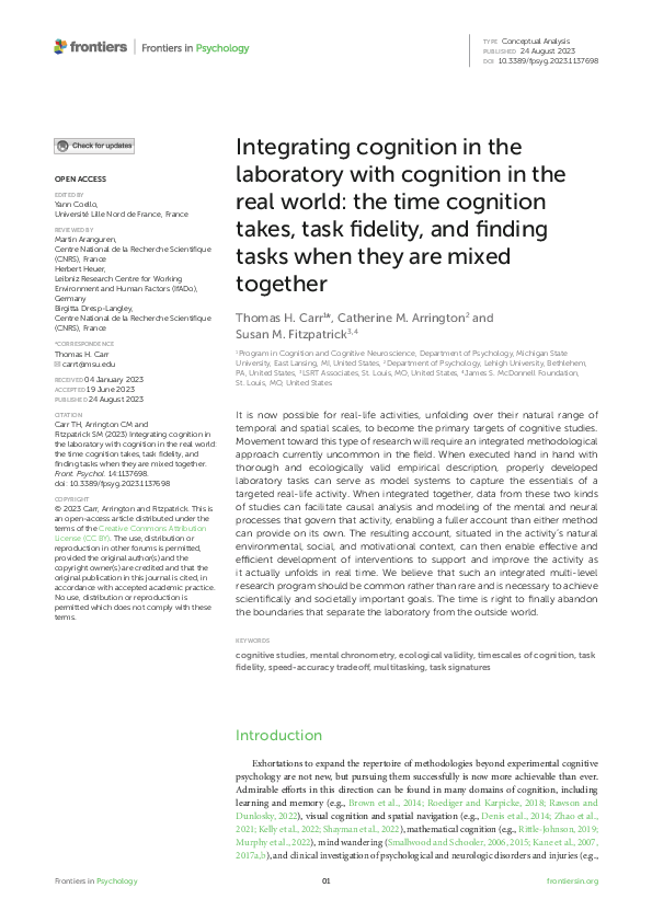 (PDF) Integrating cognition in the laboratory with cognition in the real world: the time ...