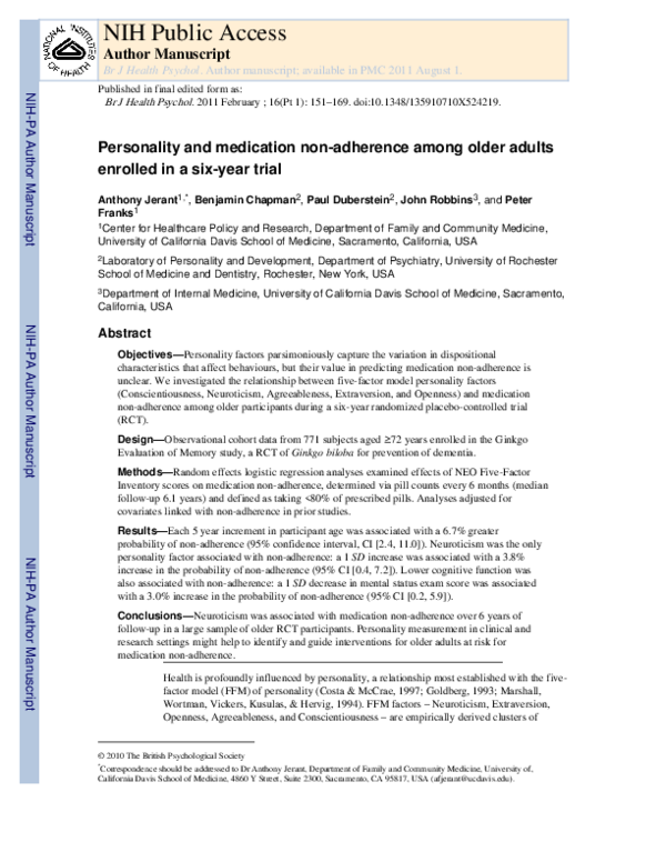 (PDF) Personality and medication non-adherence among older adults ...