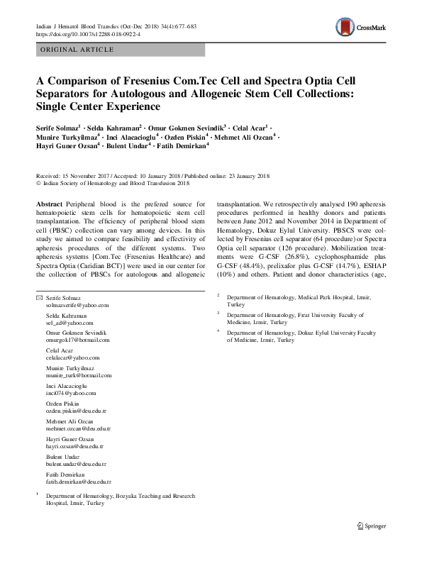 (PDF) A Comparison of Fresenius Com.Tec Cell and Spectra Optia Cell ...
