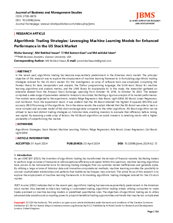 Pdf Algorithmic Trading Strategies Leveraging Machine Learning Models For Enhanced