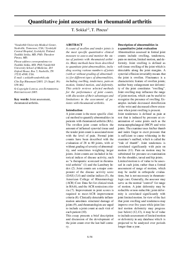 (PDF) Quantitative joint assessment in rheumatoid arthritis