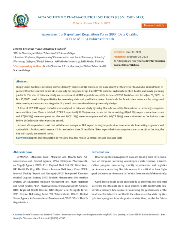 (PDF) Assessment of Report and Requisition Form (RRF) Data Quality, in ...