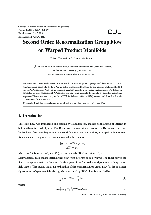 (PDF) Second Order Renormalization Group Flow on Warped Product Manifolds