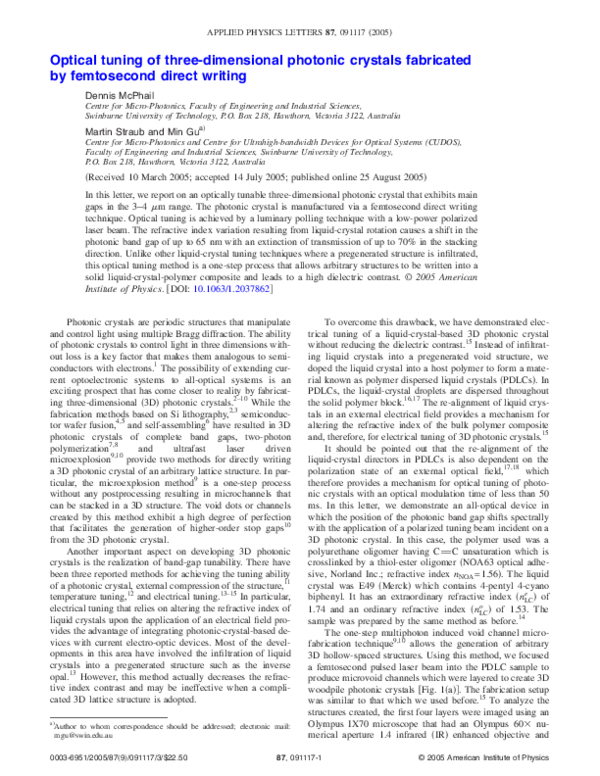 (PDF) Optical tuning of three-dimensional photonic crystals fabricated by femtosecond direct writing