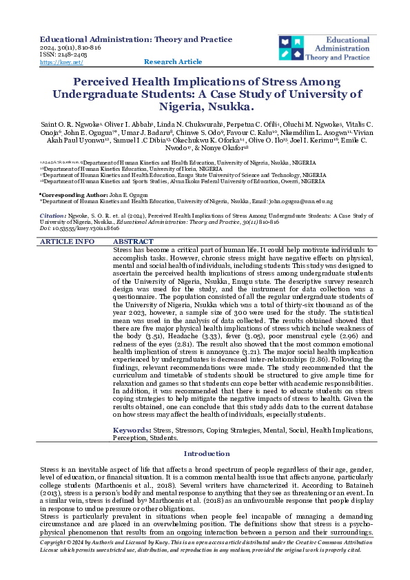 (PDF) Perceived Health Implications of Stress Among Undergraduate ...
