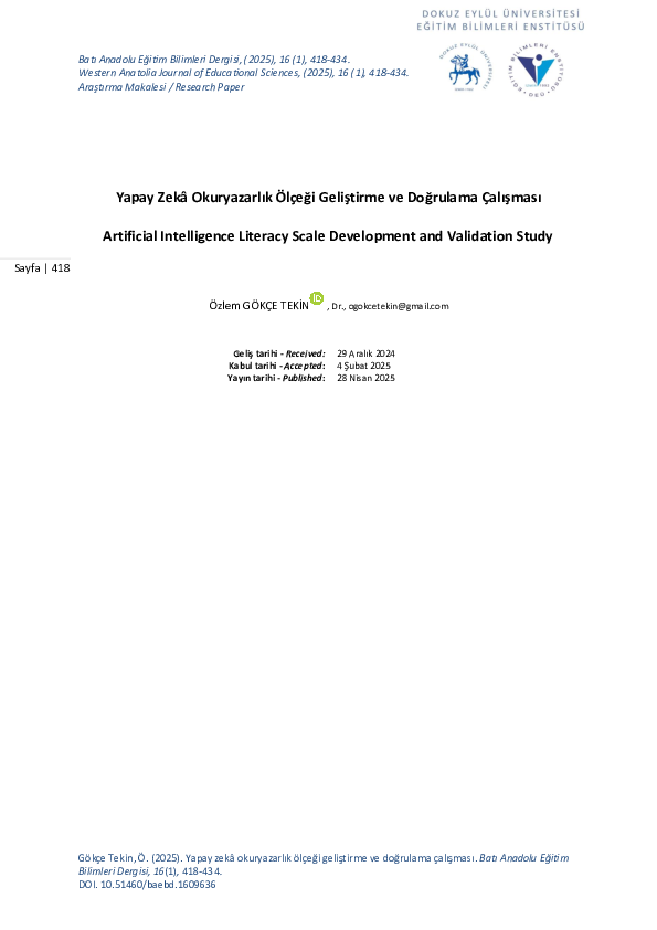 (PDF) Artificial Intelligence Literacy Scale Development and Validation Study/Yapay Zekâ ...
