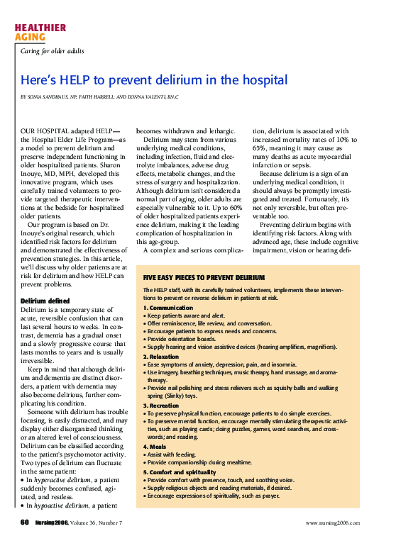 (PDF) Hereʼs HELP to prevent delirium in the hospital