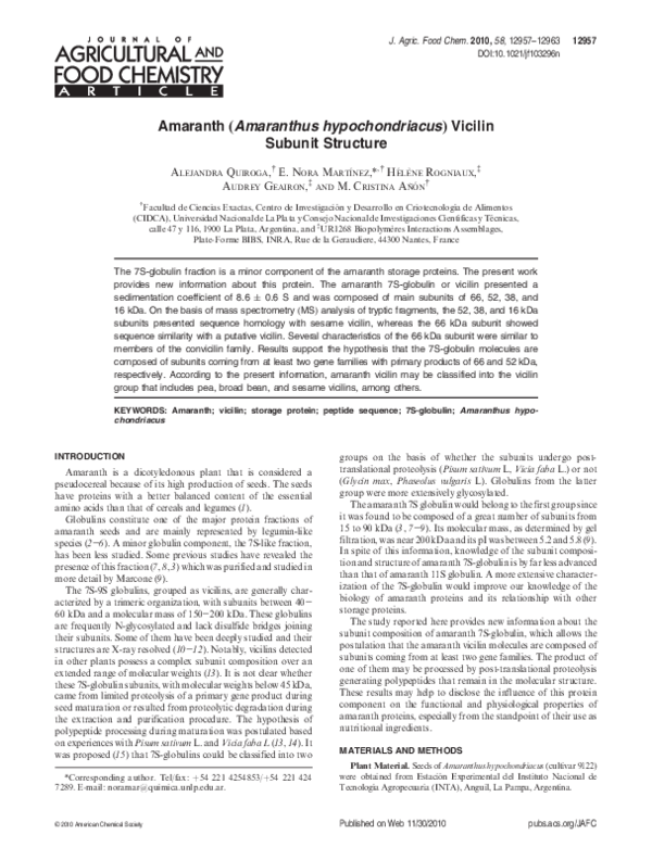 (PDF) Amaranth ( Amaranthus hypochondriacus ) Vicilin Subunit Structure