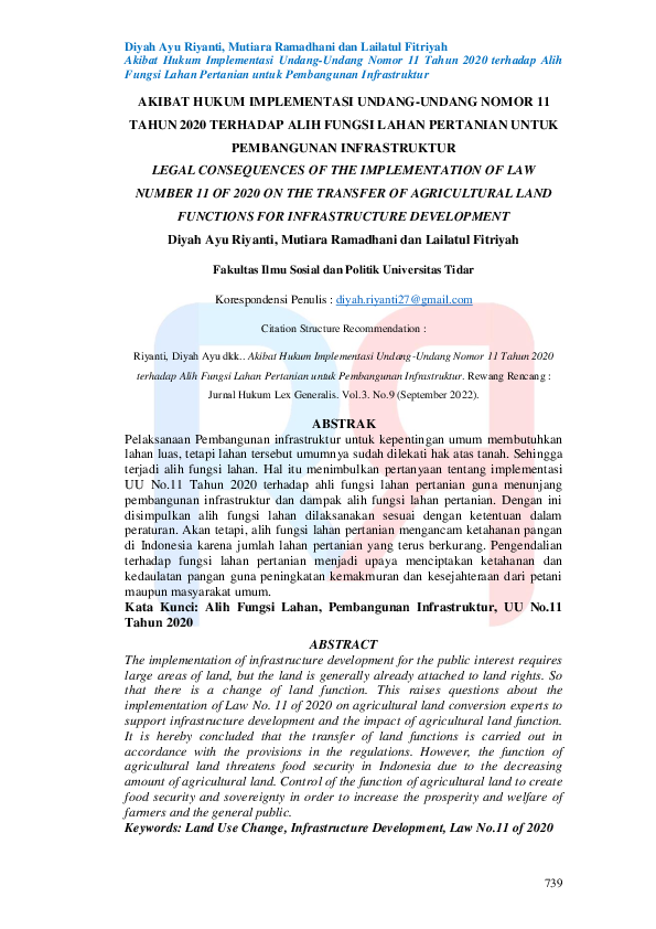 (PDF) Akibat Hukum Implementasi Undang-Undang Nomor 11 Tahun 2020 terhadap Alih Fungsi Lahan ...