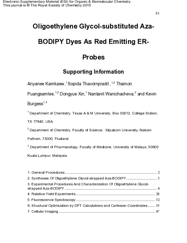 (PDF) Oligoethylene glycol-substituted aza-BODIPY dyes as red emitting ER-probes