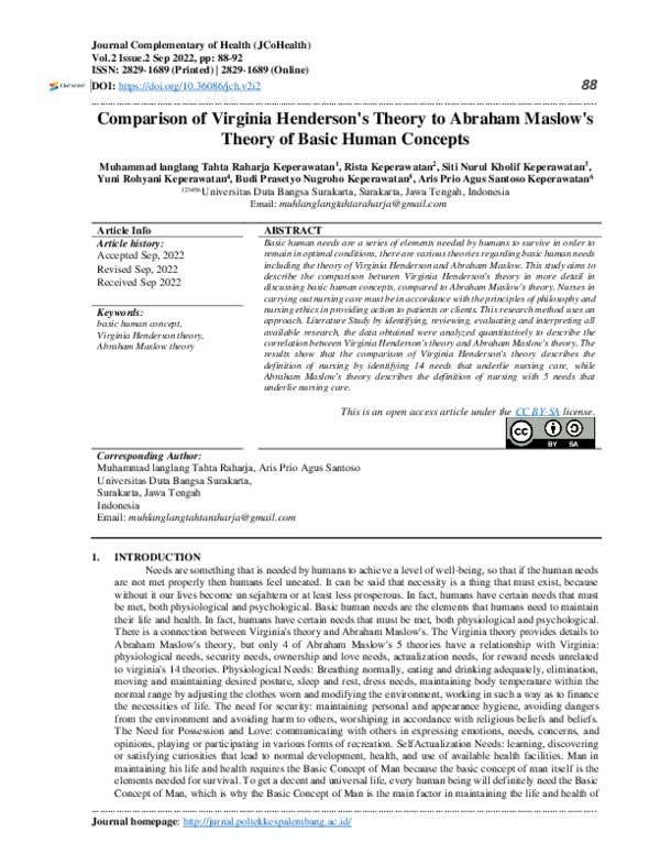 (PDF) Comparison of Virginia Henderson's Theory to Abraham Maslow's ...