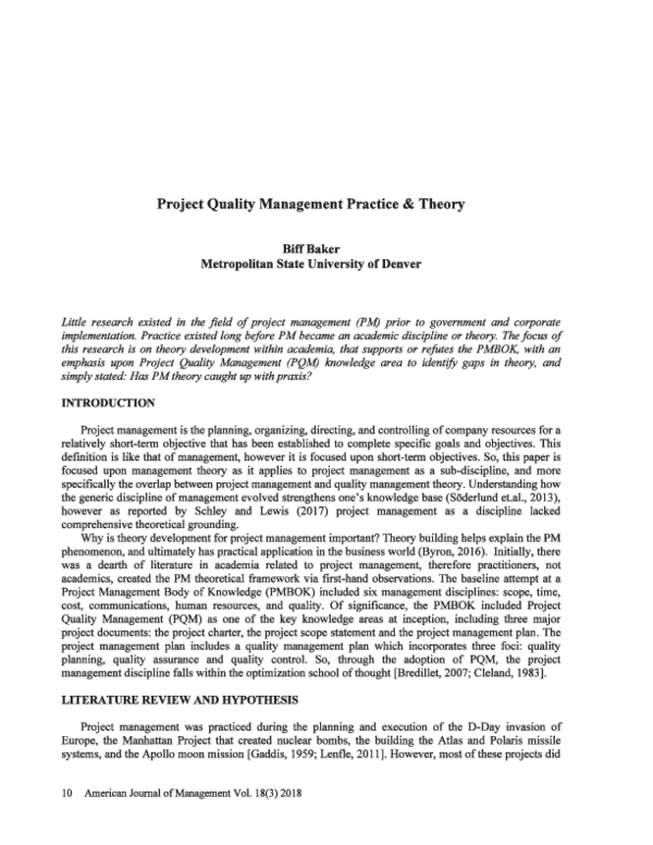 (PDF) Project Quality Management Practice & Theory