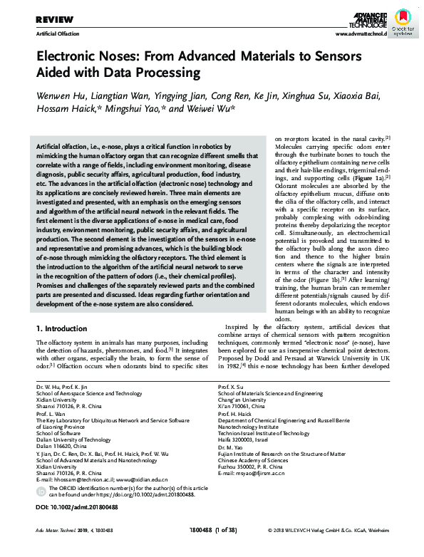 (PDF) Electronic Noses: From Advanced Materials to Sensors Aided with Data Processing