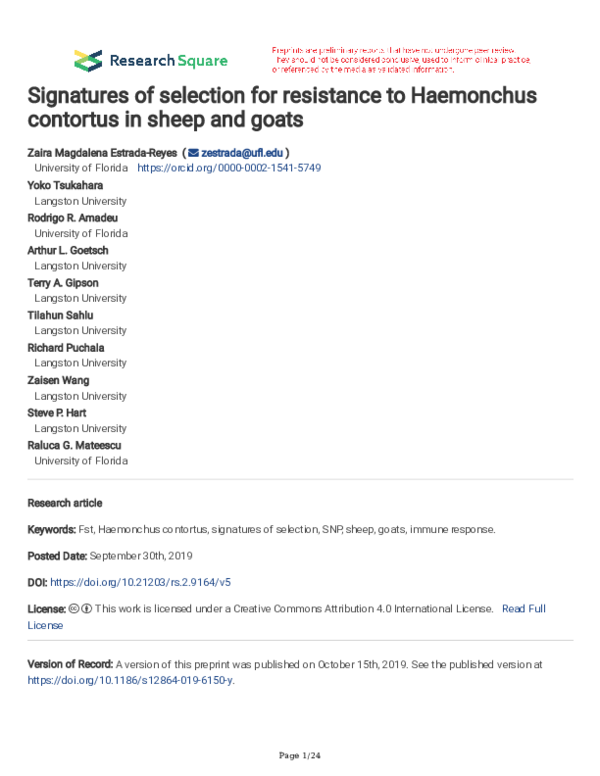 (PDF) Signatures of selection for resistance to Haemonchus contortus in ...