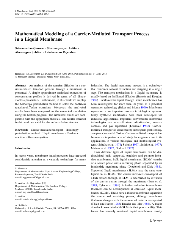 (PDF) Mathematical Modeling of a Carrier-Mediated Transport Process in ...