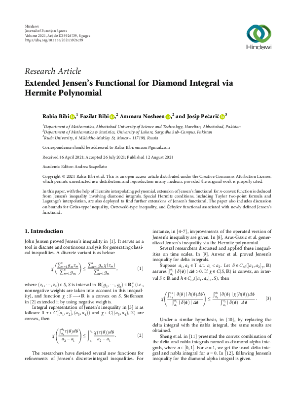 (PDF) Extended Jensen’s Functional for Diamond Integral via Hermite ...