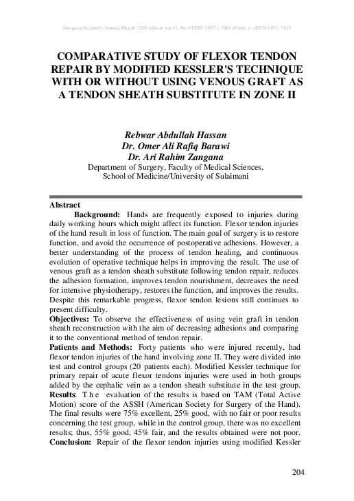 (PDF) Comparative Study of Flexor Tendon Repair by Modified Kessler's ...