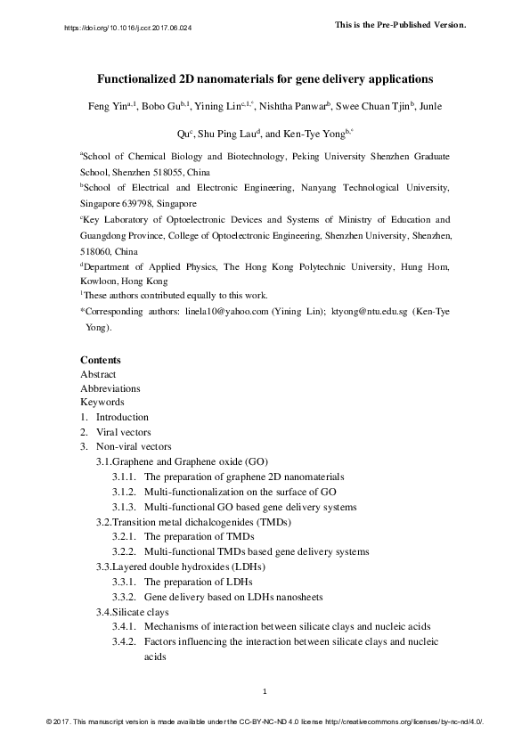 (PDF) Functionalized 2D nanomaterials for gene delivery applications