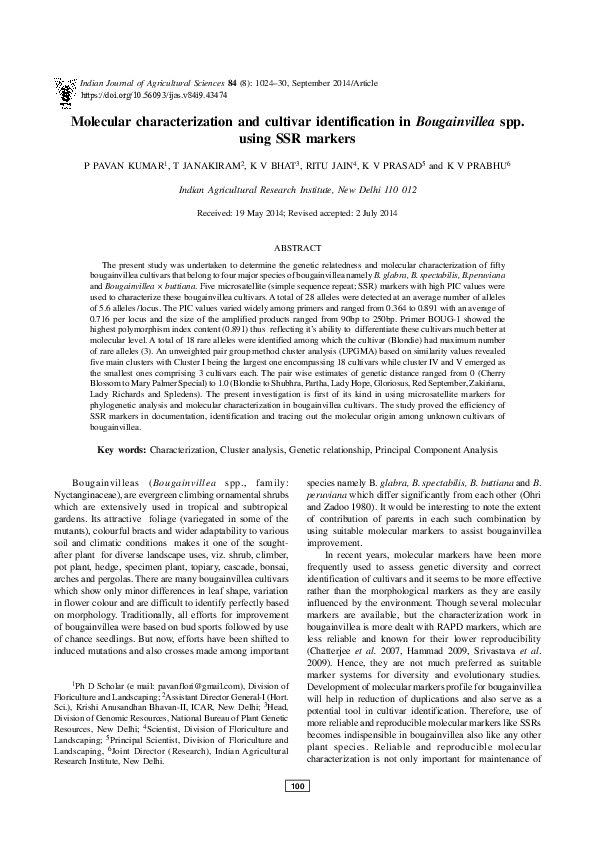 (PDF) Molecular characterization and cultivar identification in Bougainvillea spp. using SSR markers