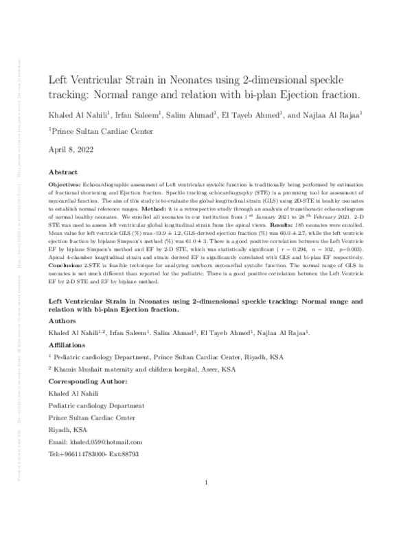 (PDF) Left Ventricular Strain in Neonates using 2-dimensional speckle ...