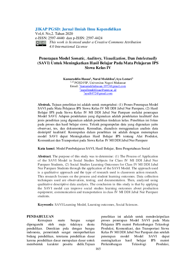 Penerapan Model Somatic, Auditory, Visualization, Dan Intelectually (Savi) Untuk Meningkatkan ...