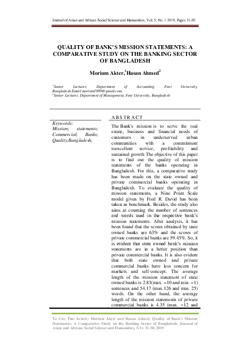 (PDF) QUALITY OF BANK'S MISSION STATEMENTS: A COMPARATIVE STUDY ON THE ...