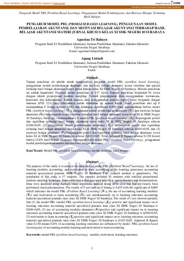(PDF) Pengaruh Model PBL (Problem Based Learning), Penggunaan Modul Pembelajaran Akuntansi, Dan ...