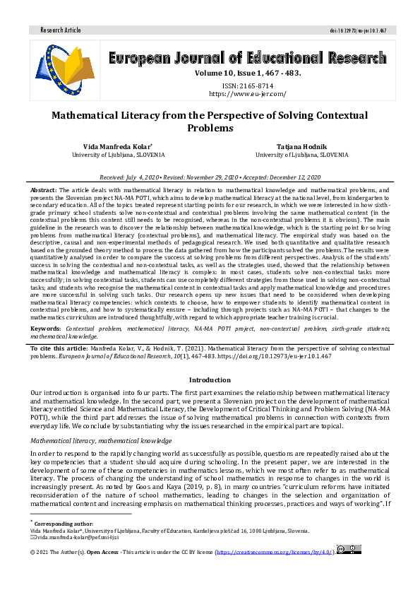 (PDF) Mathematical Literacy from the Perspective of Solving Contextual ...