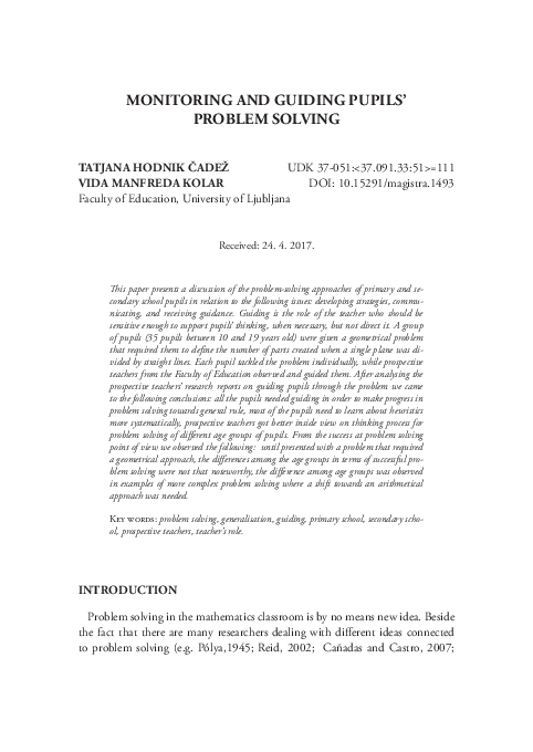 (PDF) Monitoring and Guiding Pupils' Problem Solving