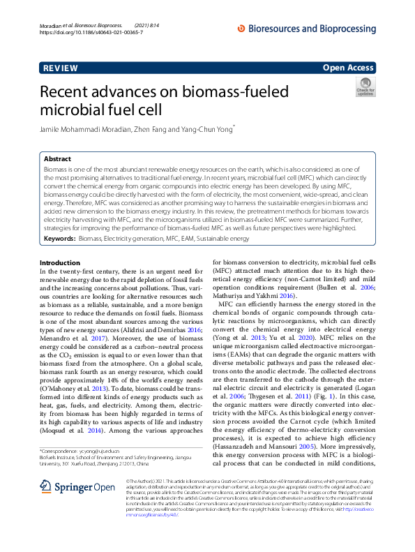(PDF) Recent advances on biomass-fueled microbial fuel cell