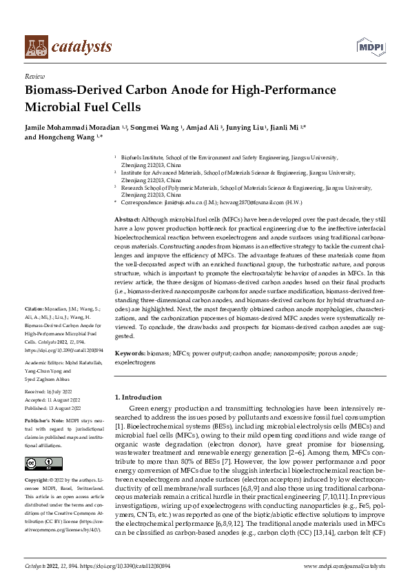 (PDF) Biomass-Derived Carbon Anode for High-Performance Microbial Fuel ...