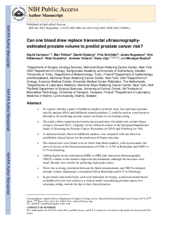 (PDF) Can one blood draw replace transrectal ultrasonography-estimated ...