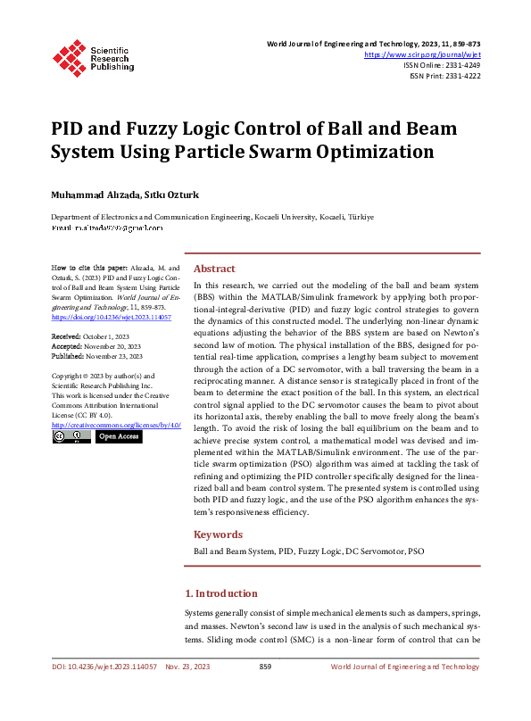 Pdf Pid And Fuzzy Logic Control Of Ball And Beam System Using Particle Swarm Optimization