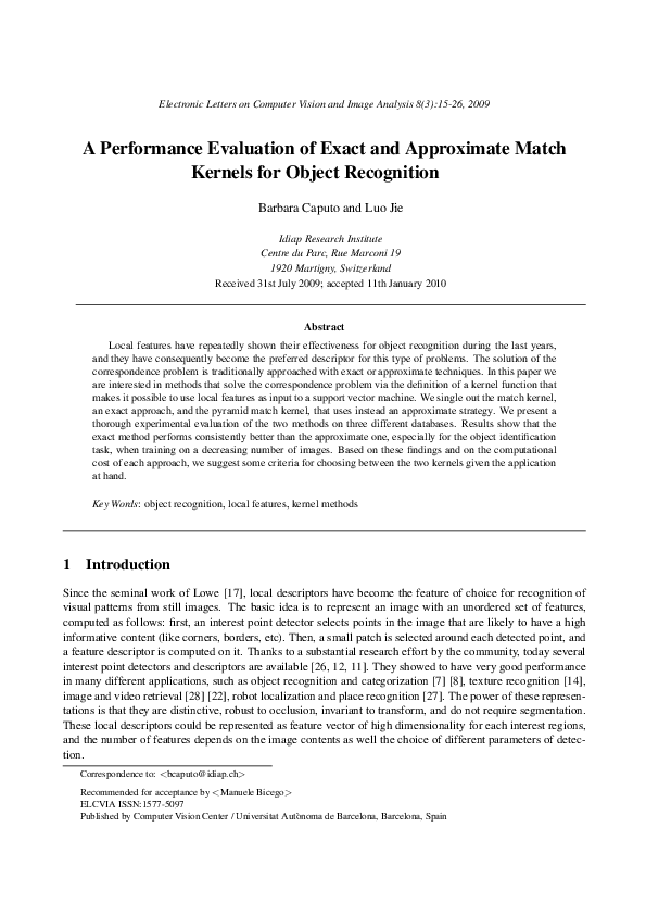 (PDF) A Performance Evaluation of Exact and Approximate Match Kernels for Object Recognition
