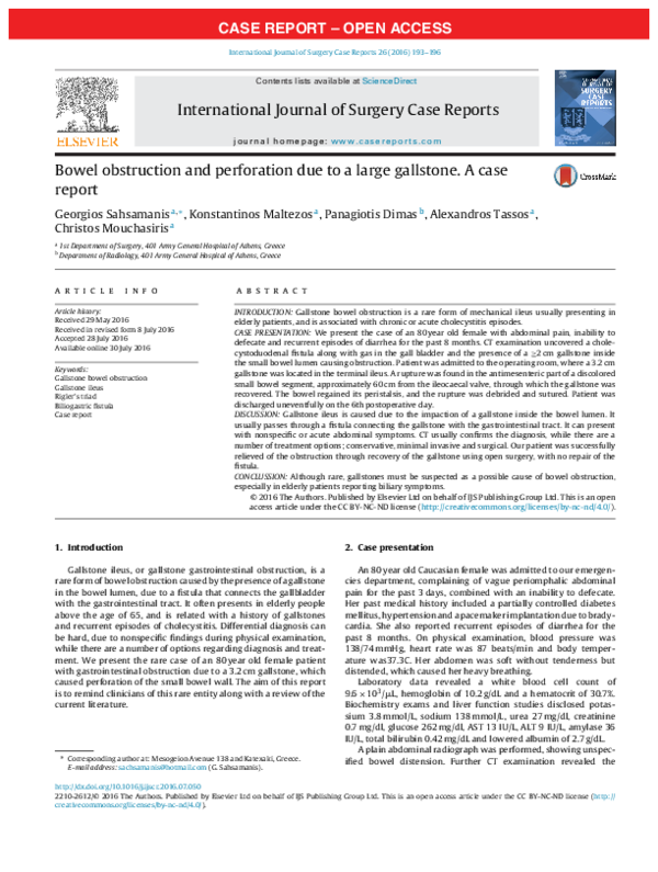 Pdf Bowel Obstruction And Perforation Due To A Large Gallstone A Case Report