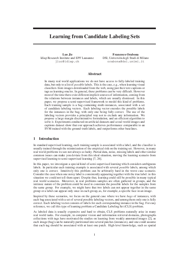 (PDF) Learning from candidate labeling sets