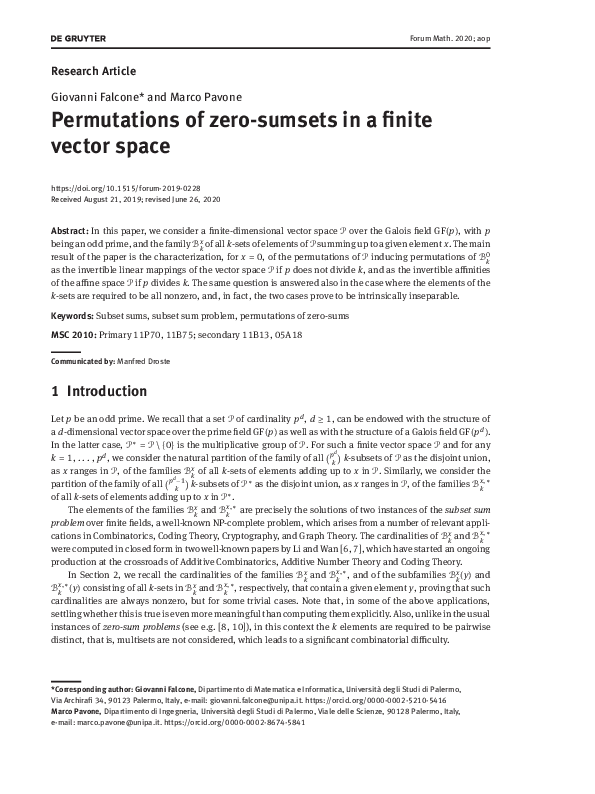 (PDF) Permutations of zero-sumsets in a finite vector space