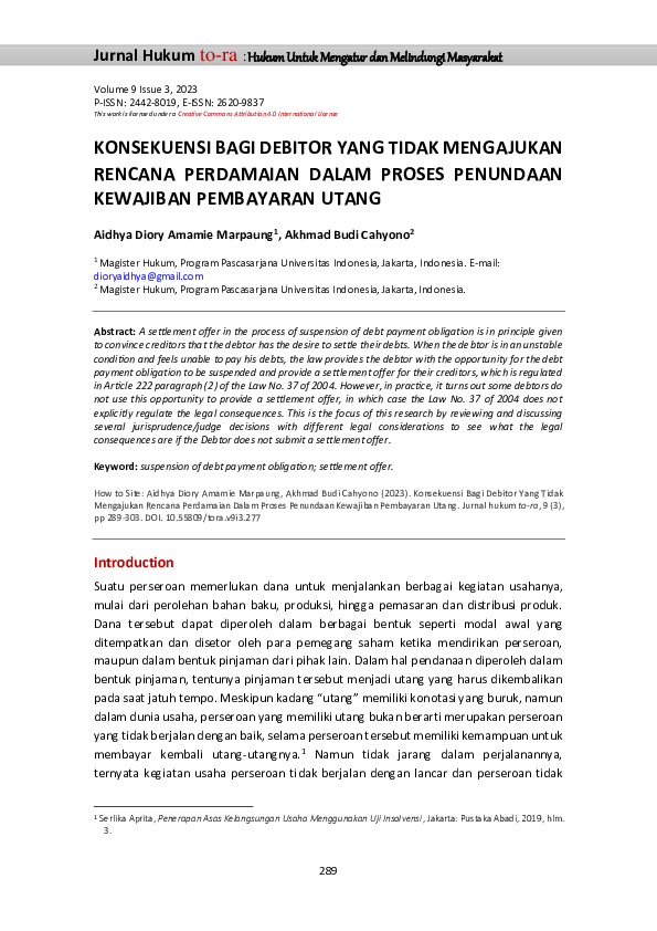 (PDF) Konsekuensi Bagi Debitor Yang Tidak Mengajukan Rencana Perdamaian ...